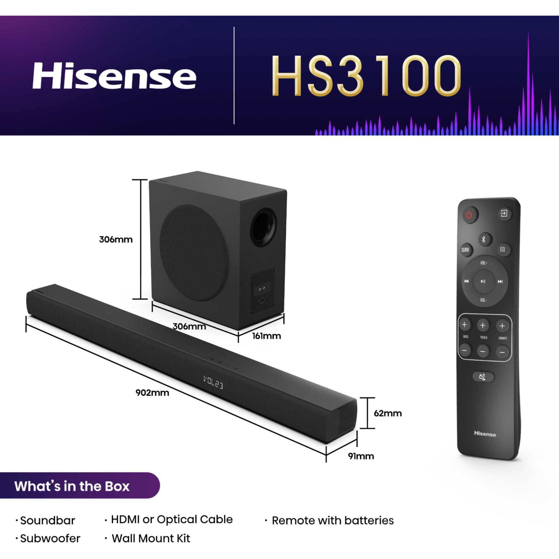 Hisense HS3100 3.1 Channel Soundbar with Wireless Subwoofer | Hughes